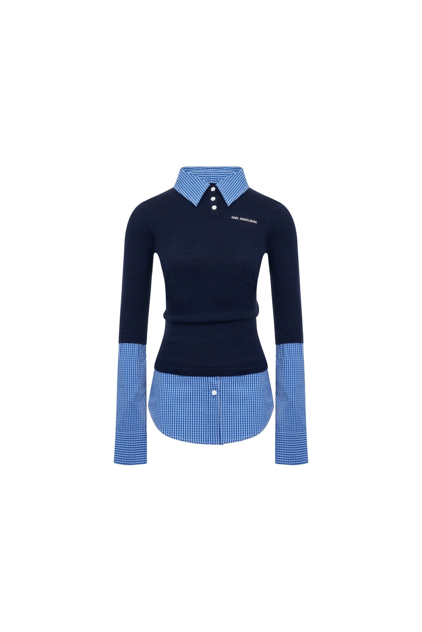 Dark Blue Patchwork Shirt Fake Two-piece Knitted Long Sleeves & Ann ...