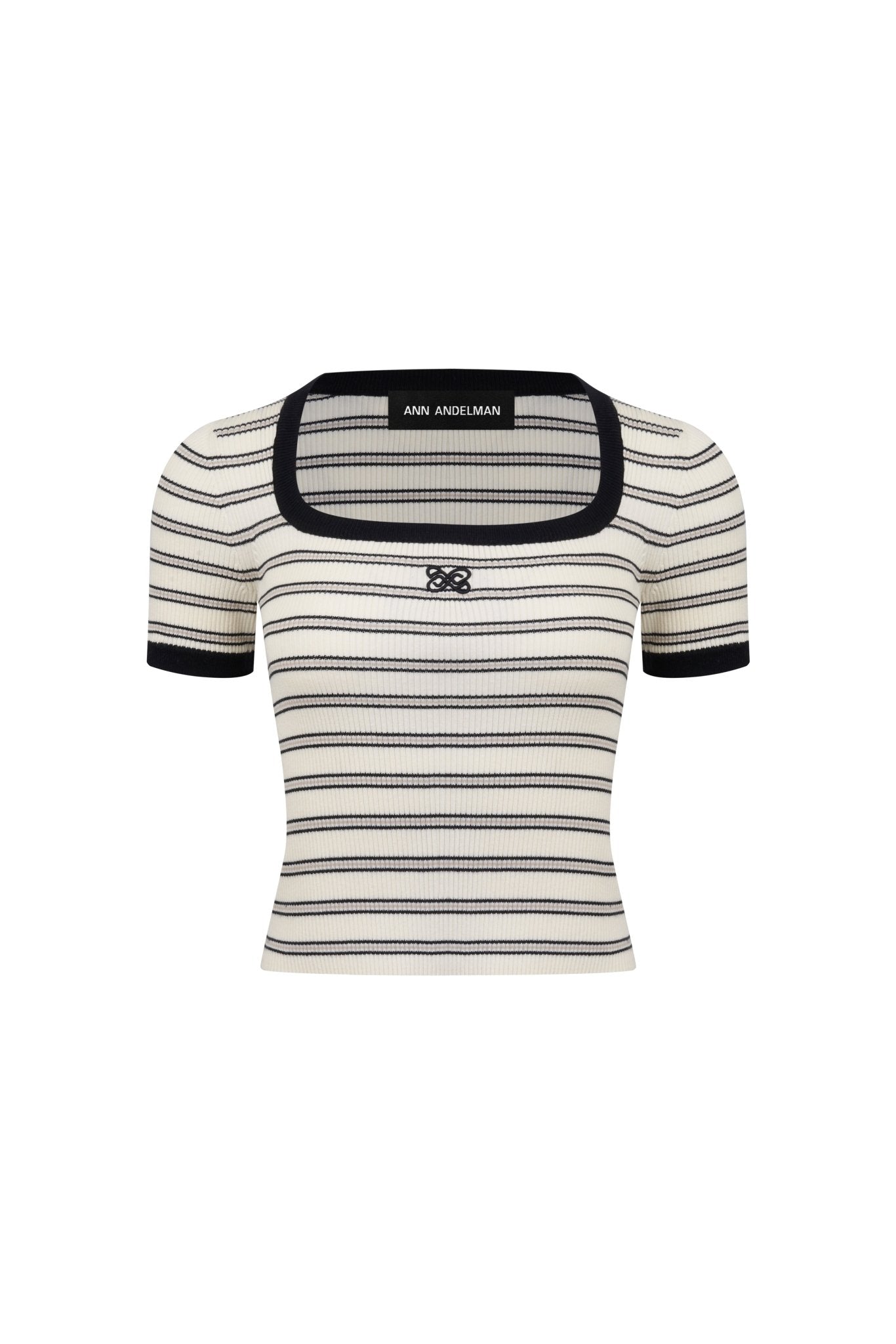 Light Apricot Square Collar Striped Knitted Short Sleeves & Ann ...