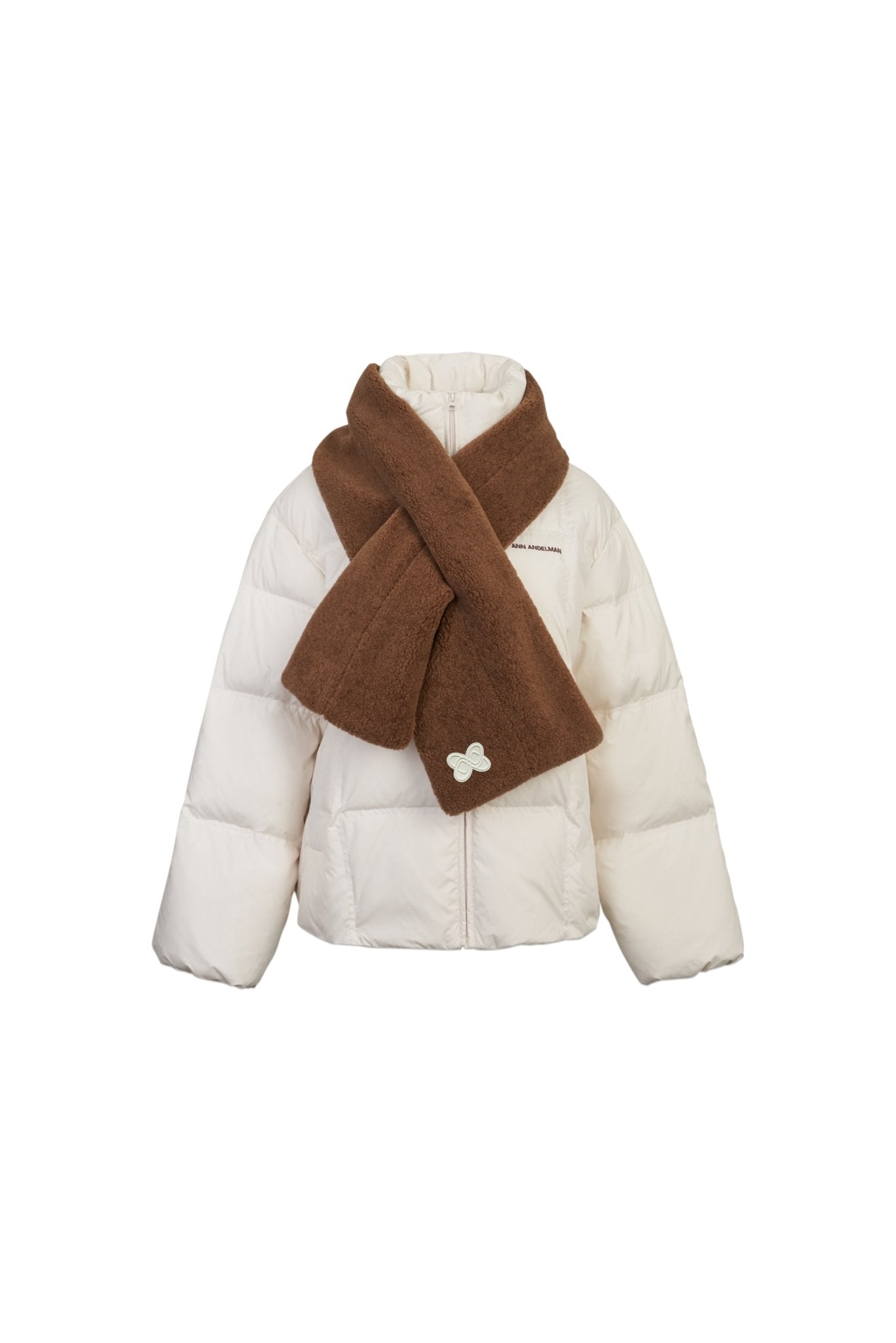 White Detachable Color-blocked Scarf Down Jacket & Ann Andelman Official